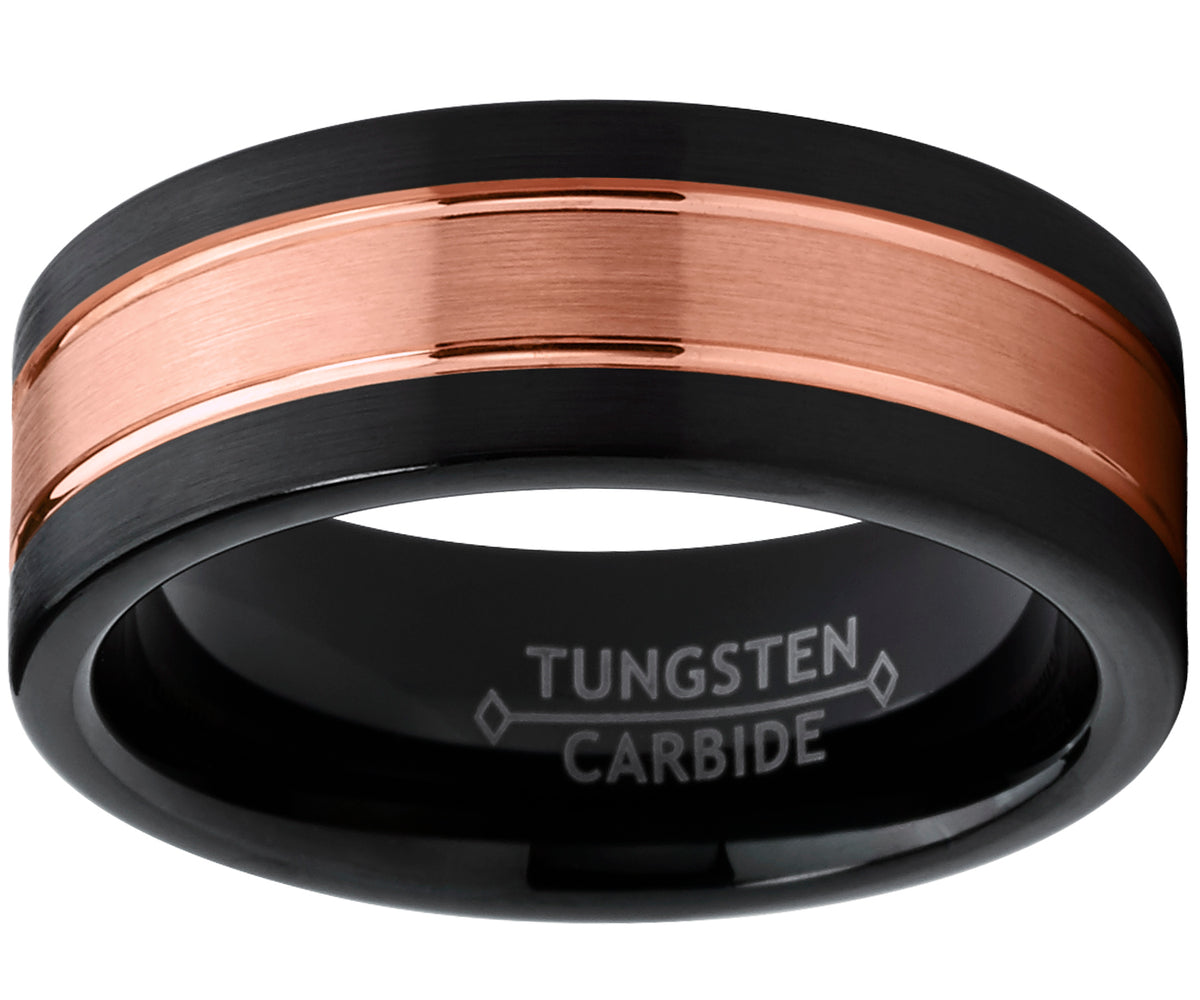 Men's Tungsten Carbide Black and RoseTone Brushed Wedding Band Engagem – Metal Masters Co.