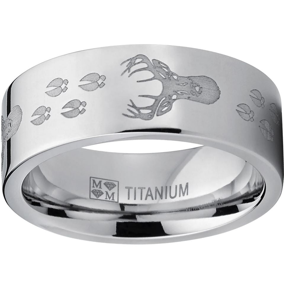 Men's Deer Hunting Titanium Ring Wedding Band High Polish Silver 8MM ...