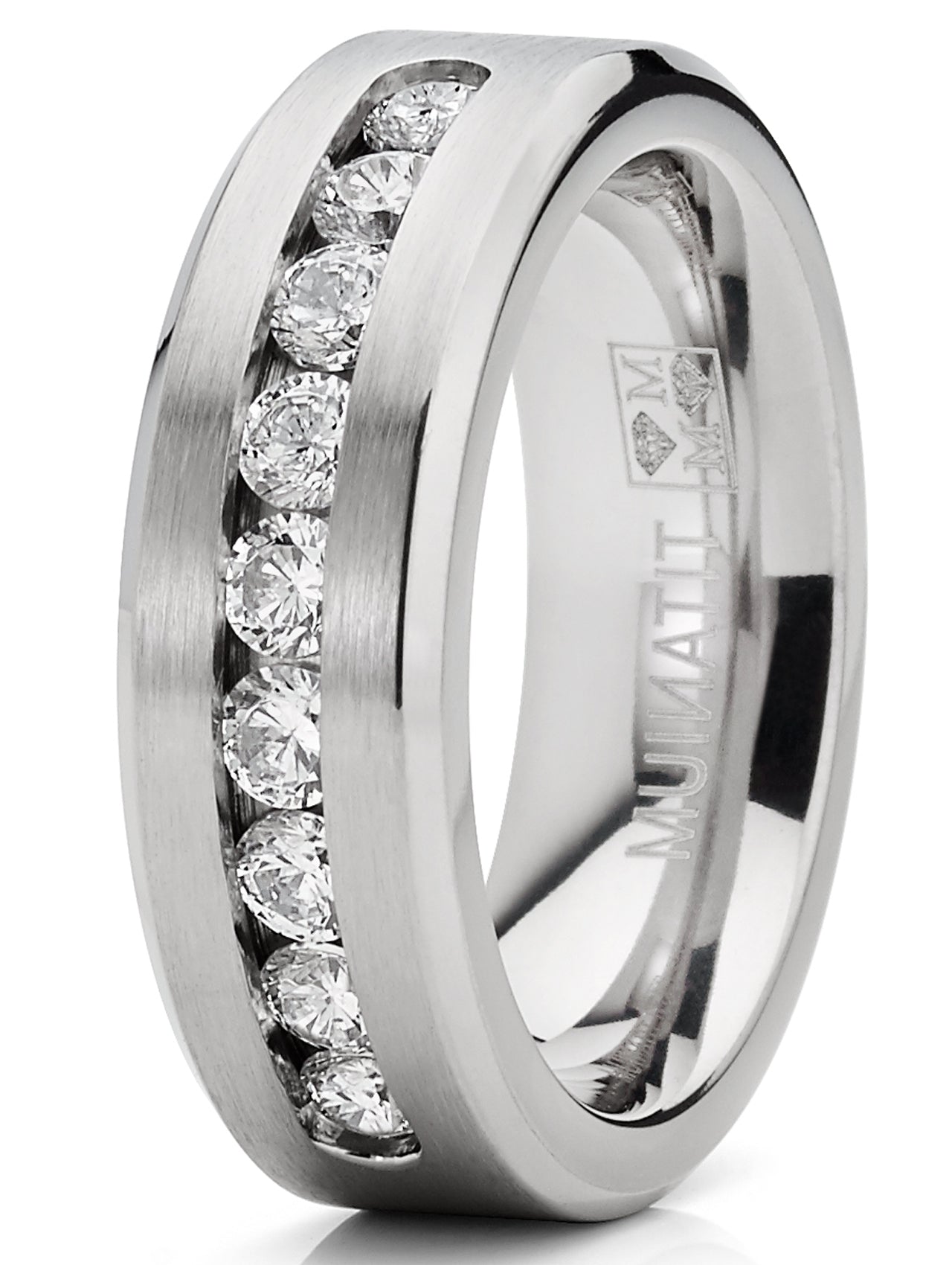 8 MM Men's Titanium ring wedding band with 9 large Channel Set Cubic Z ...