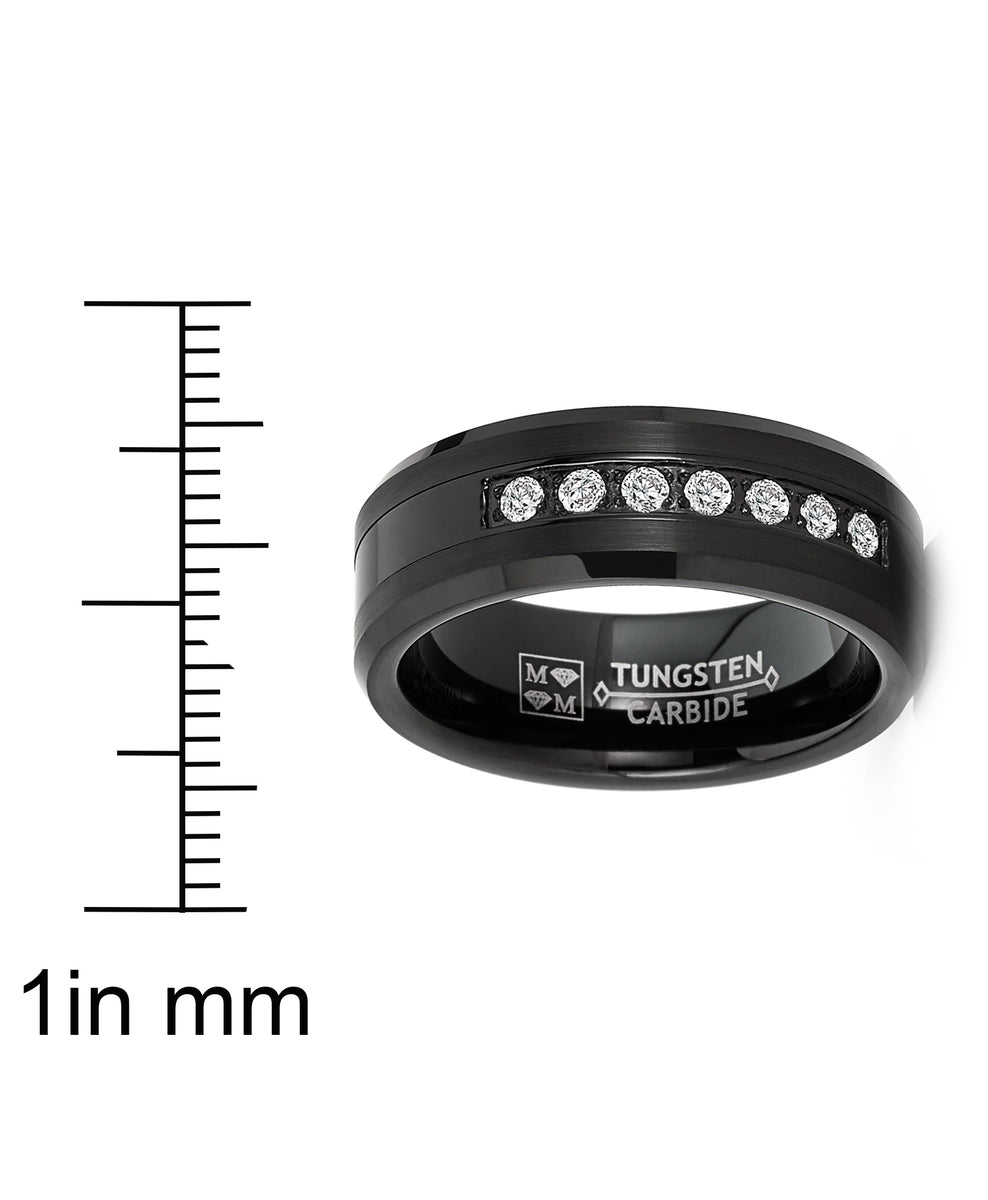 Mens Tungsten Ring Black Stainless Steel Wedding Band Round Cubic Zirc ...